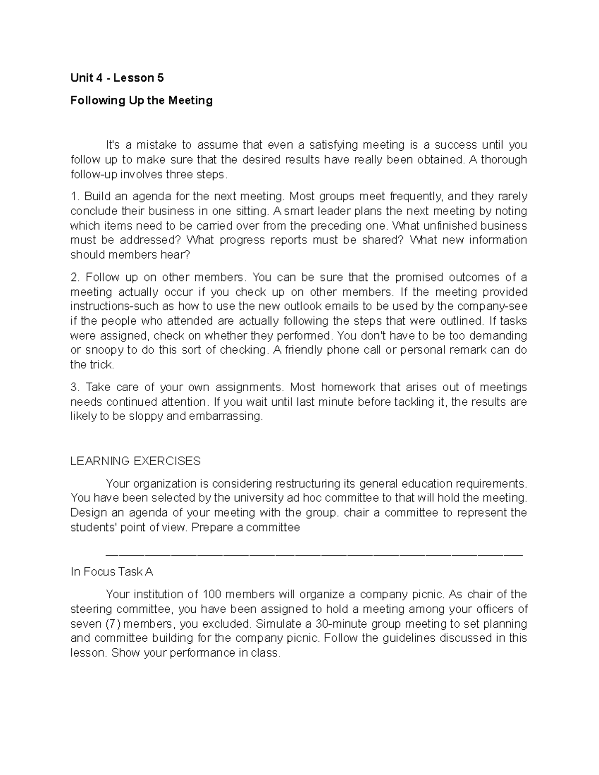 Following Up the Meeting - Unit 4 - Lesson 5 Following Up the Meeting ...