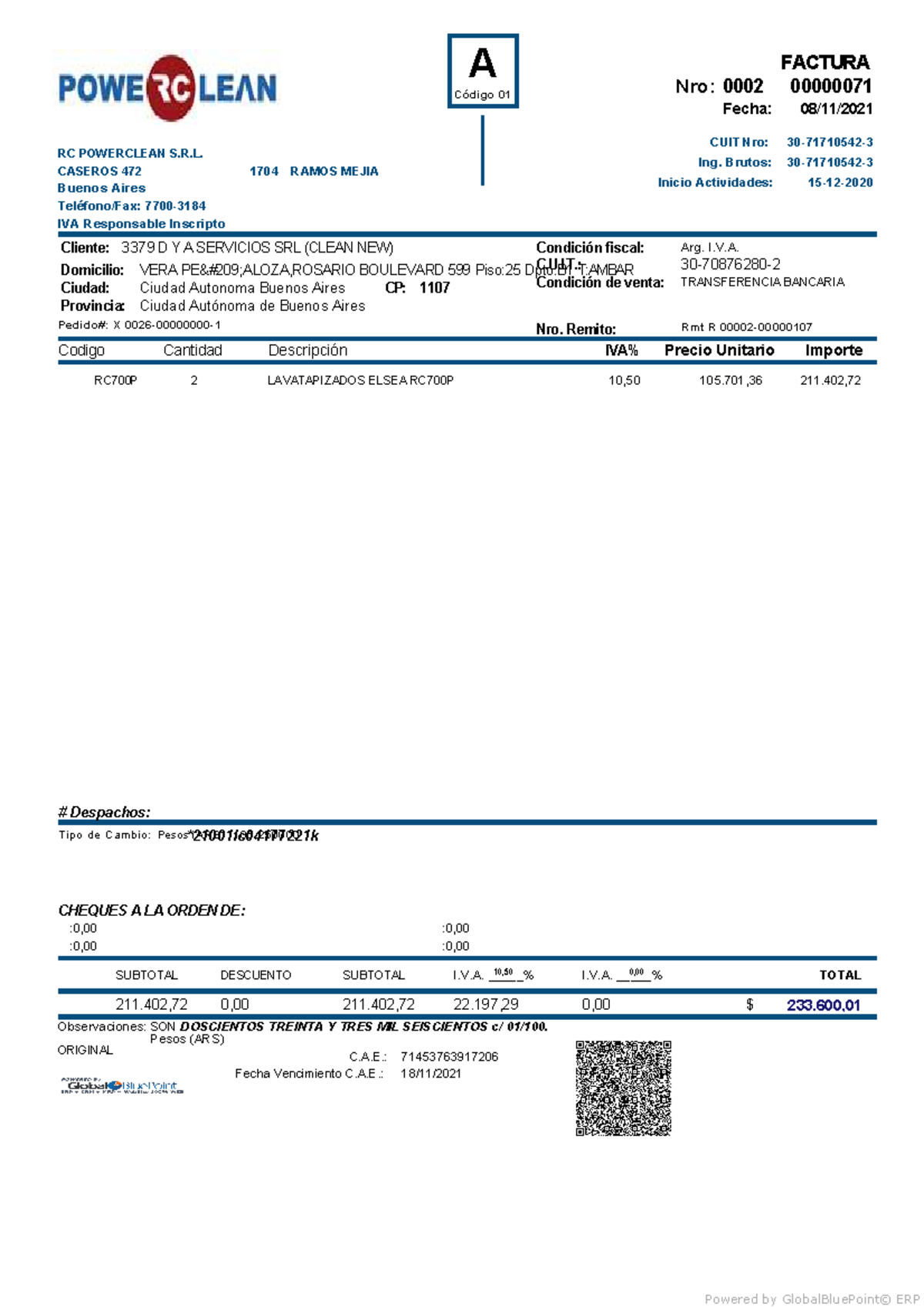 Fc a 00002-00000071 clases de facturación mensual liquid - ORIGINAL RC700P 2 LAVATAPIZADOS ELSEA ...