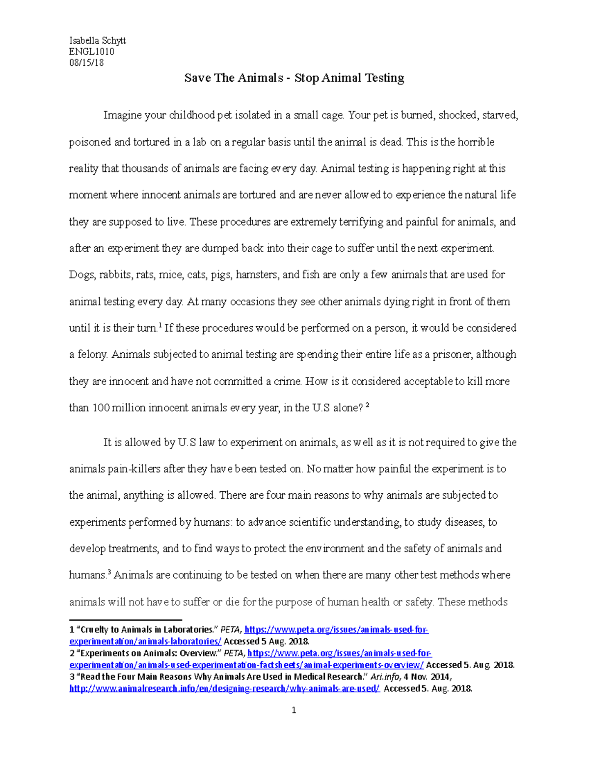 Argument Research Essay - Final Draft - 08/15/ Save The Animals - Stop ...