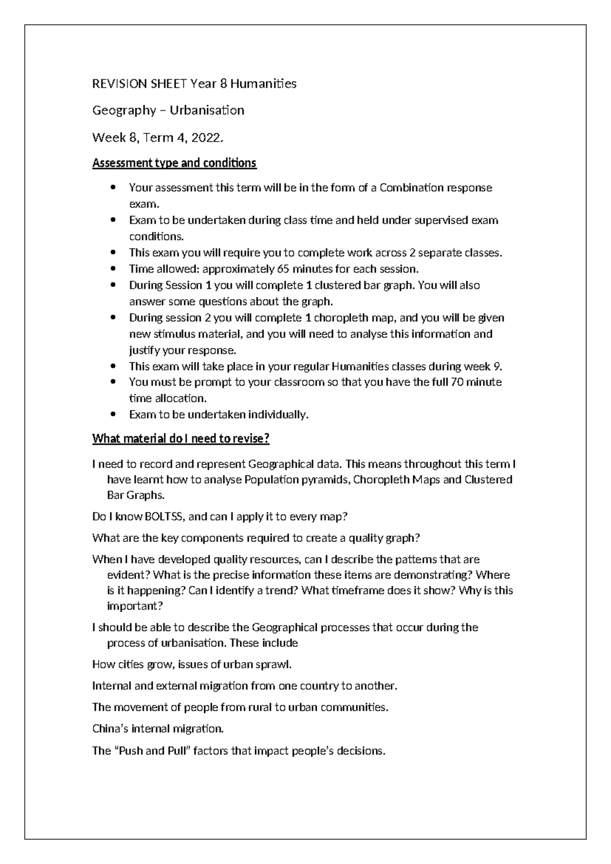 Revision Sheet Year 8 Humanities urban - REVISION SHEET Year 8 ...