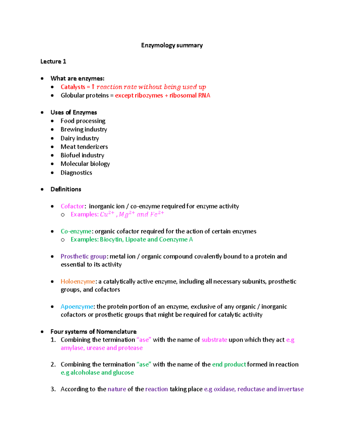 Enzymology summary - Enzymology summary Lecture 1 What are enzymes ...