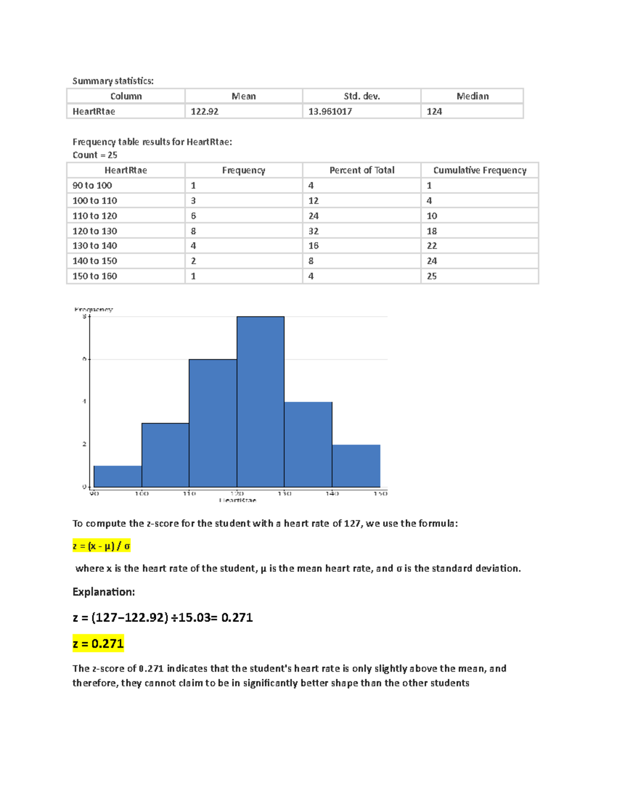 Discussion 1 - Diacussion 1 - Summary statistics: Column Mean Std. dev. Median HeartRtae 122 13 ...