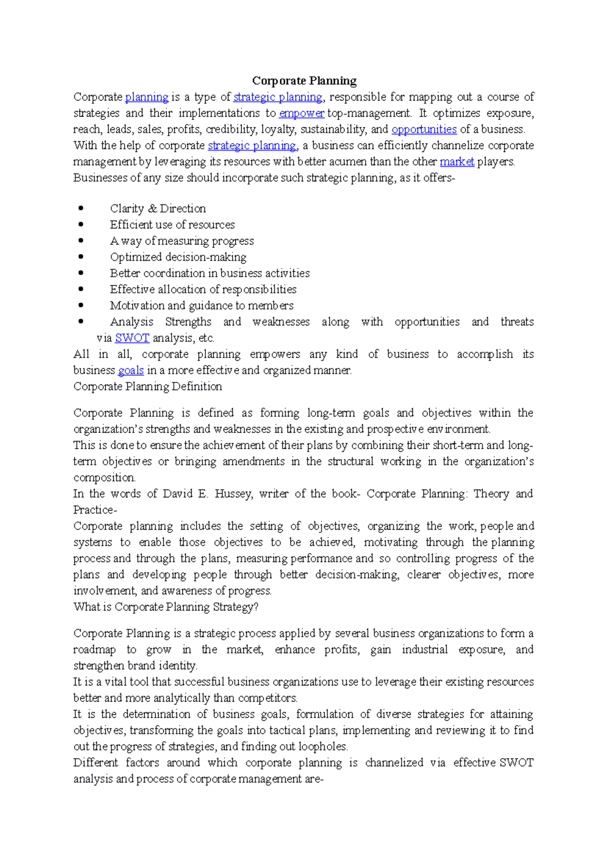 Corporate Planning - Corporate Planning Corporate planning is a type of ...