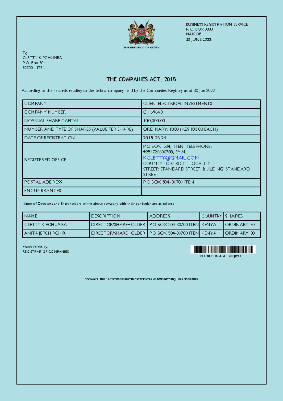 Clieni Electrical Investments CR12 - BUSINESS REGISTRATION SERVICE P. O ...
