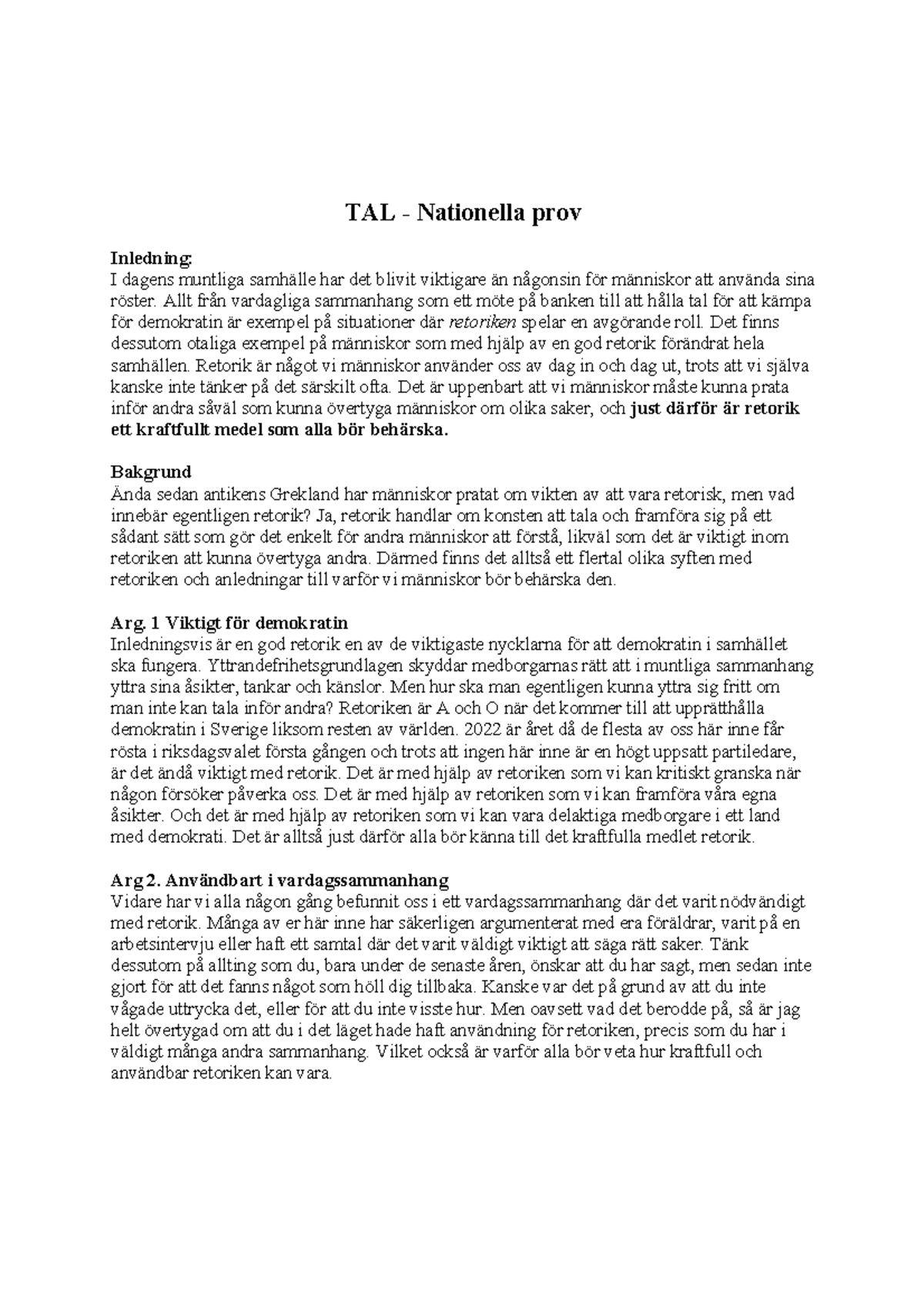 TAL - Tal i svenska 3 - TAL - Nationella prov Inledning: I dagens ...