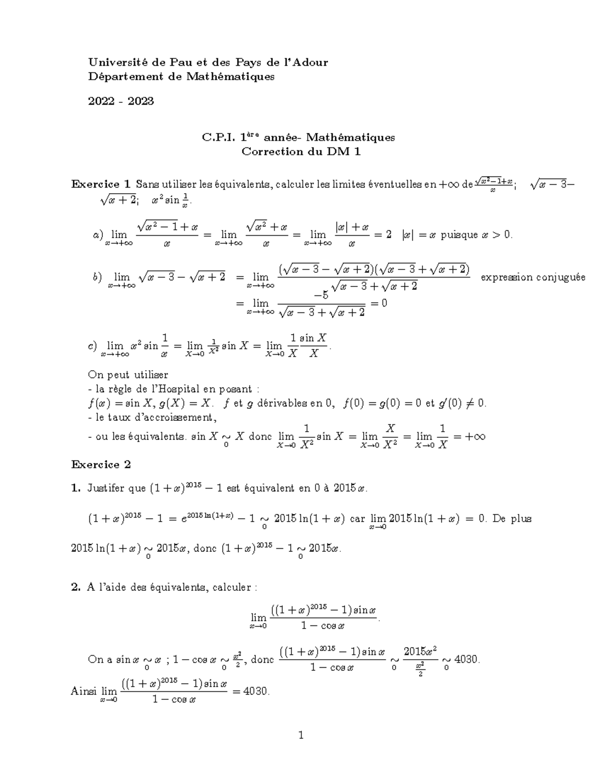 Copie de DM1 corrigé - DM MATHEMATIQUE SUR SEMESTRE 1 L1 - UniversitÈ de Pau et des Pays de ...