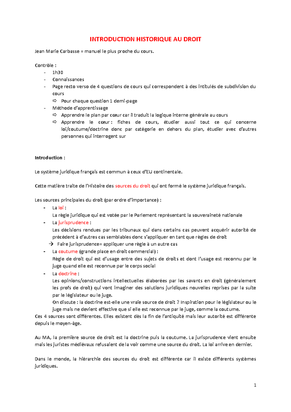 Histoire du droit CM L1S1 - INTRODUCTION HISTORIQUE AU DROIT Jean Marie Carbasse = manuel le ...