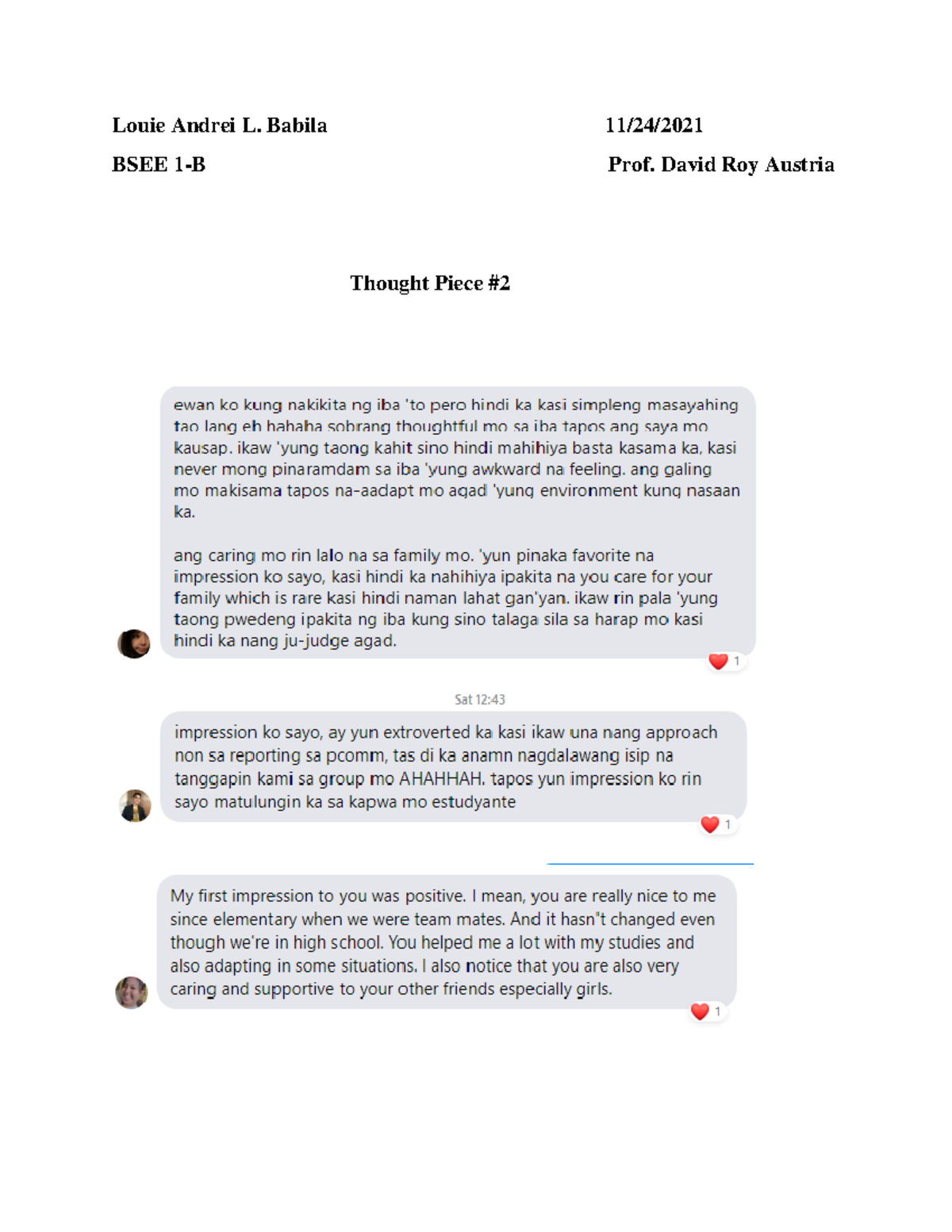 Babila Thought-Piece 2 - Louie Andrei L. Babila 11/24/ BSEE 1-B Prof ...