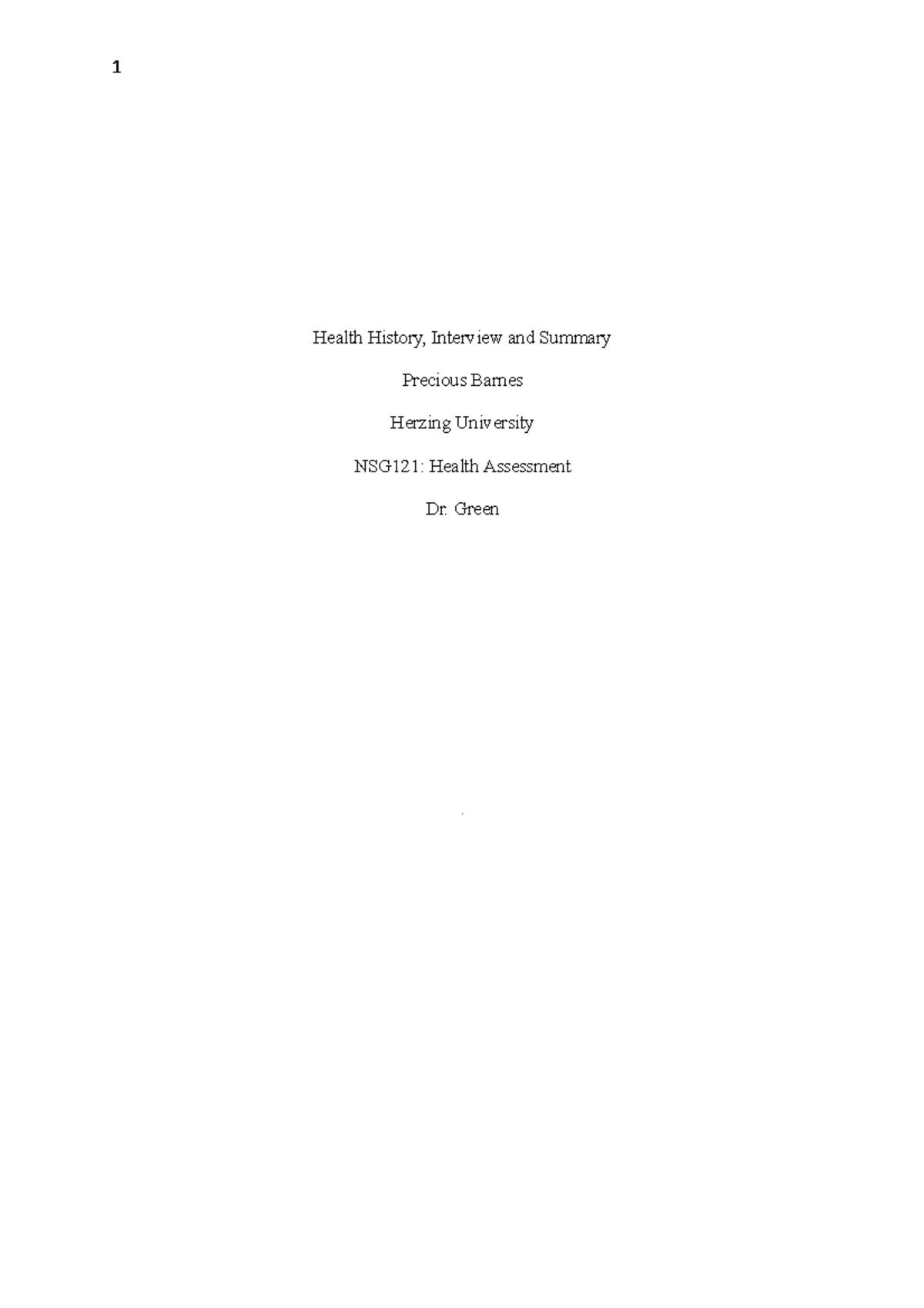 Health histroy essay - coursework - 1 Health History, Interview and ...