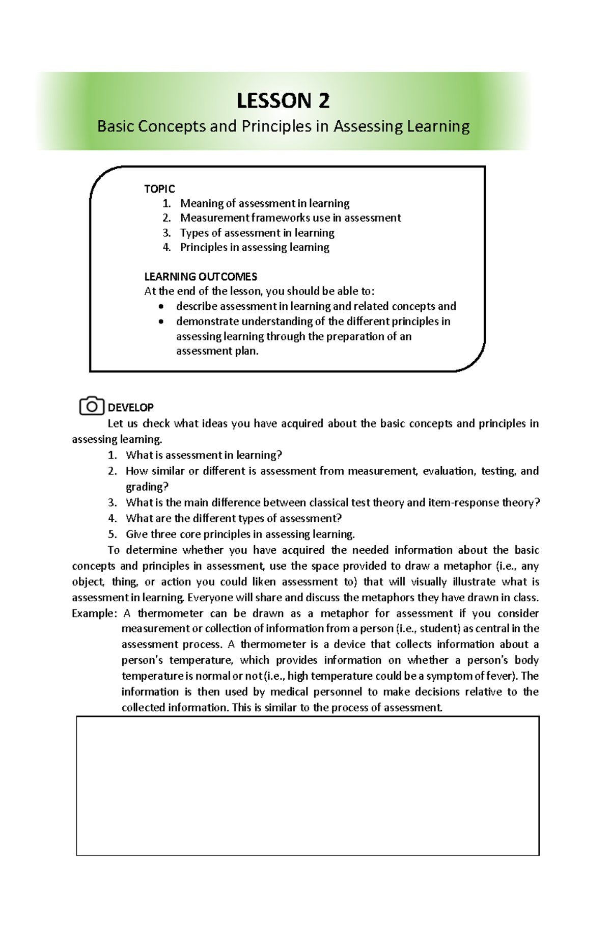 Assessment 1 Lesson 2 Activities - DEVELOP Let us check what ideas you have acquired about the ...