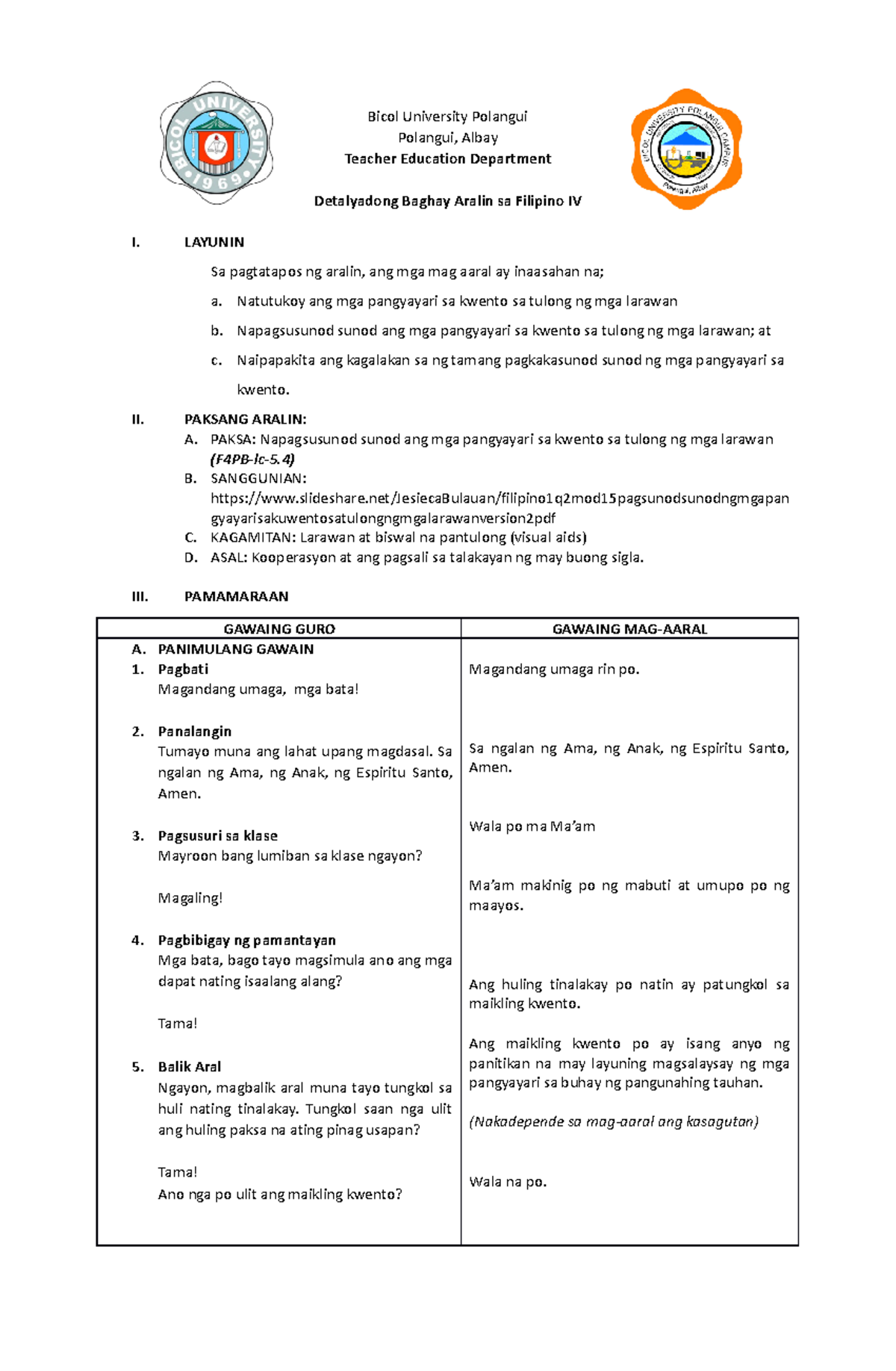 Lesson Plan Filipino - Bicol University Polangui Polangui, Albay ...