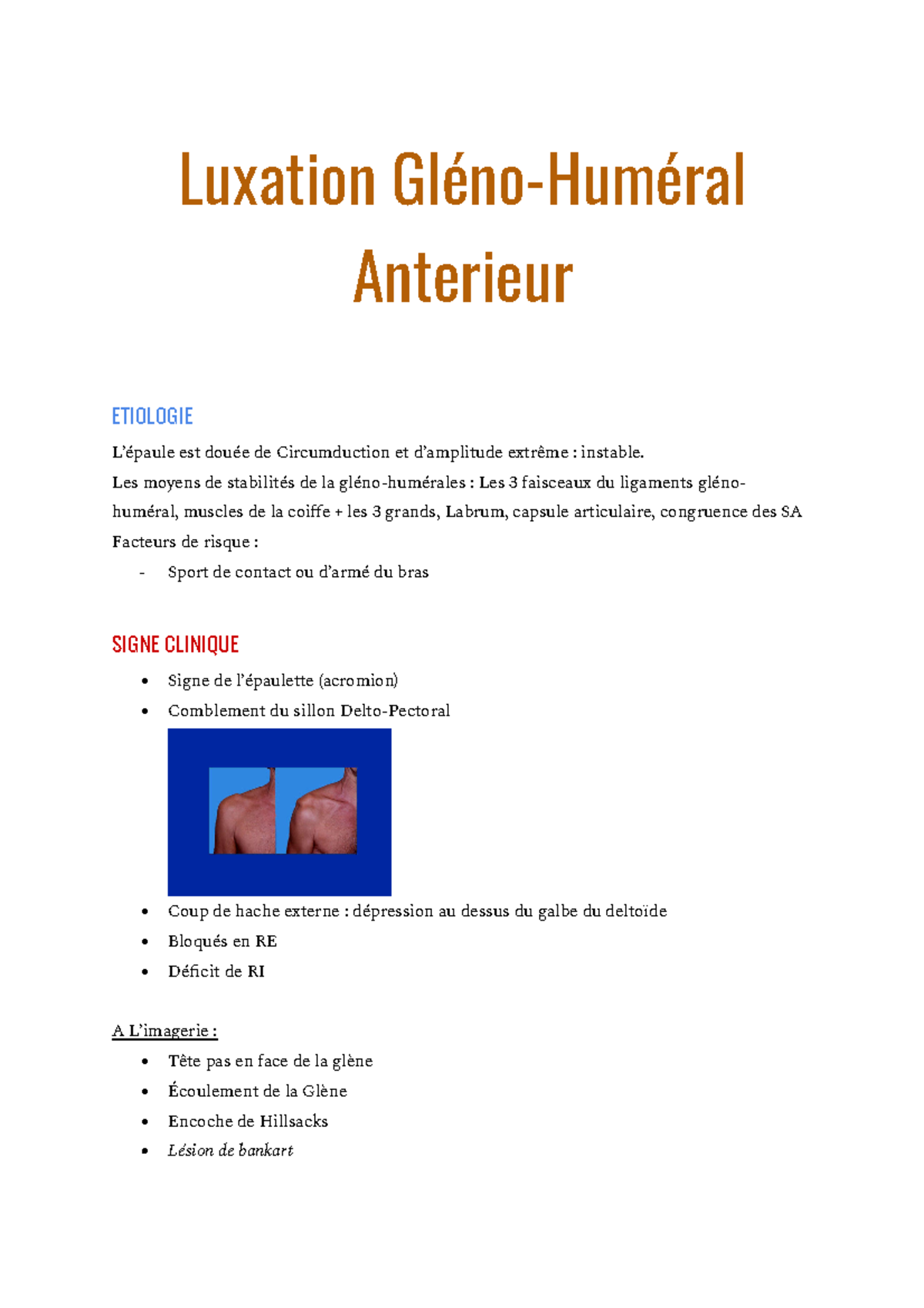 Luxation Gléno-Huméral Ant - Luxation Gléno-Huméral Anterieur ETIOLOGIE ...