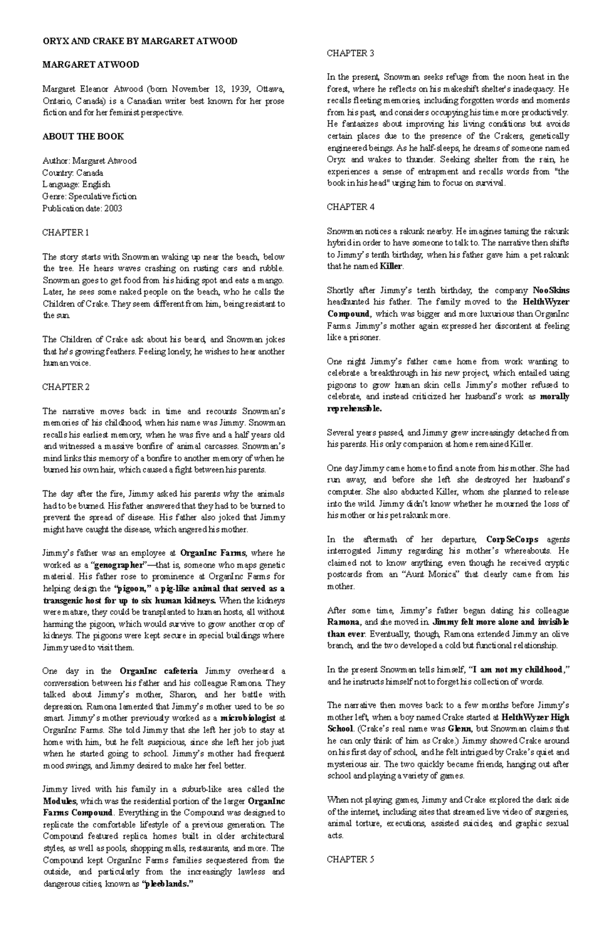 ORYX AND Crake by chapter - ORYX AND CRAKE BY MARGARET ATWOOD MARGARET ...