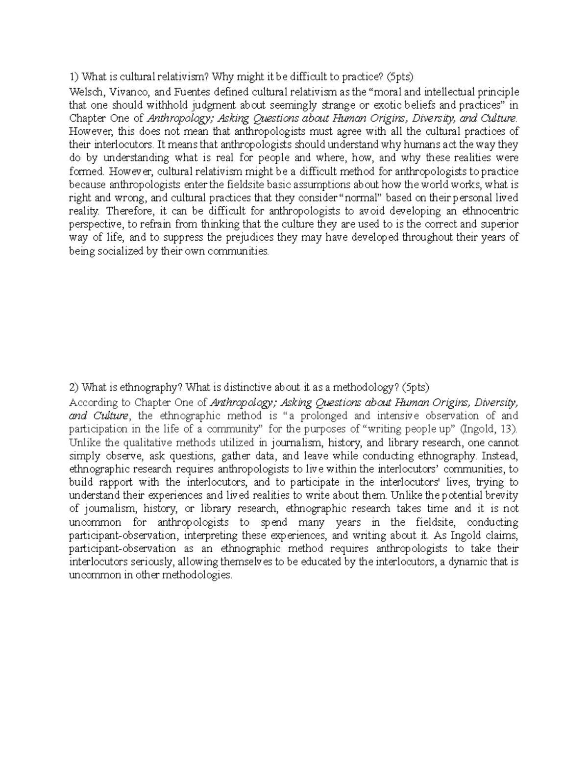 Midterm for Introduction to Anthropology - What is cultural relativism ...