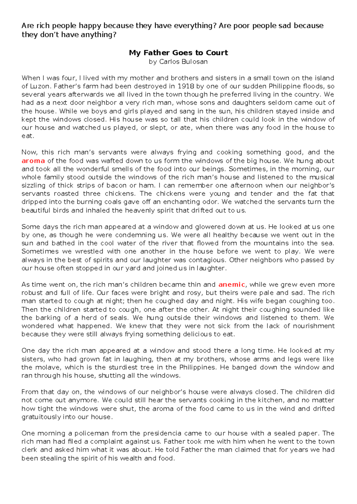 My Father Goes to Court by Carlos S. Bulosan - Are rich people happy ...