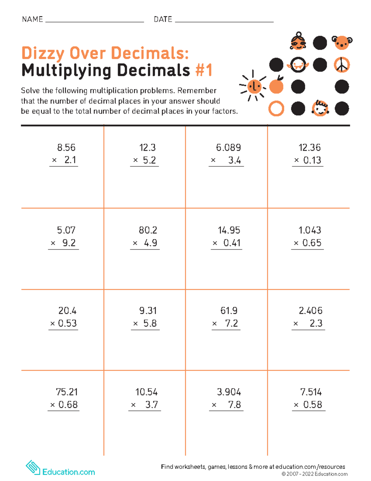 Worksheet on -decimals-multiplication-1 - NAME DATE Solve the following ...