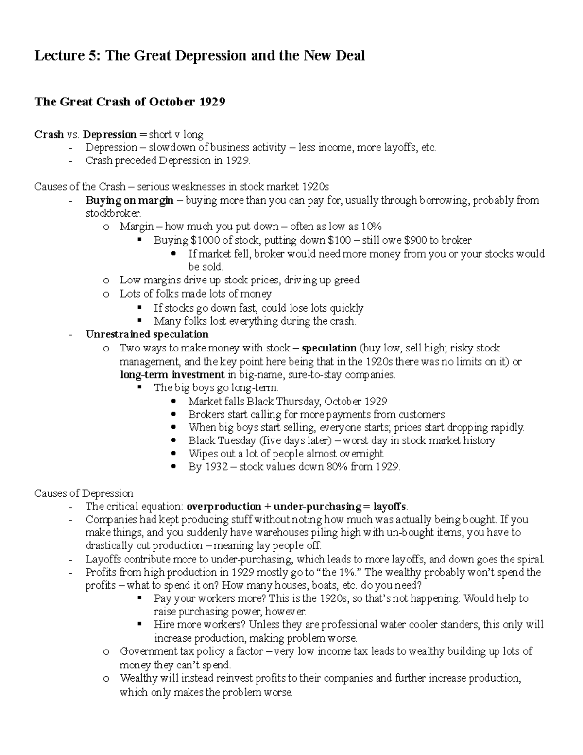 Lecture 5-USfrom 1865 - Lecture 5: The Great Depression and the New ...