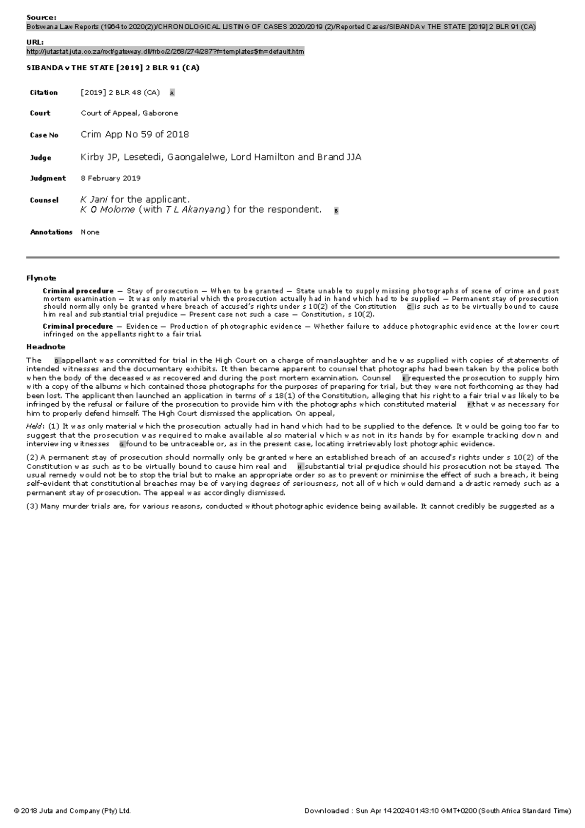 Sibanda v THE State [2019 ] 2 BLR 91 (CA) - Source: Botswana Law ...