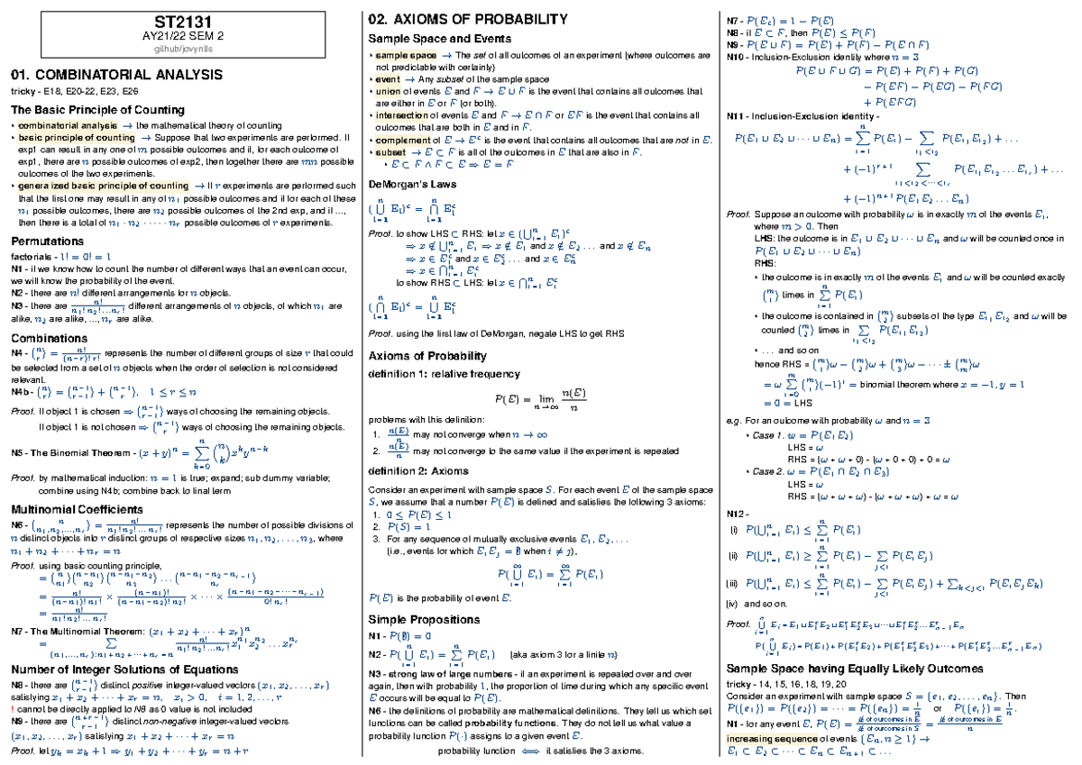 St2131-cheatsheet - Summary Probability - ST AY21/22 SEM 2 github/jovyntls 01. COMBINATORIAL ...