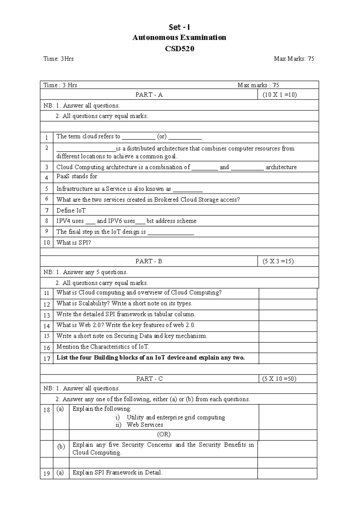 Autonomous Examination- Cciot-set1 - Set - I Autonomous Examination CSD ...