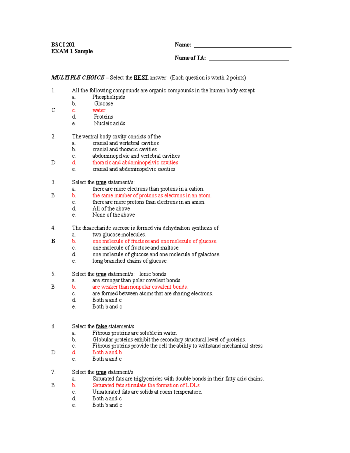 BSCI201 EXAM 1 Sample - BSCI 201 Name ...