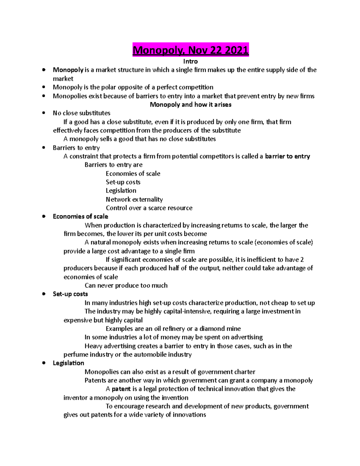 Econ week 9 Monopoly - Lecture notes 9 - ECON 1010H - TrentU - Studocu