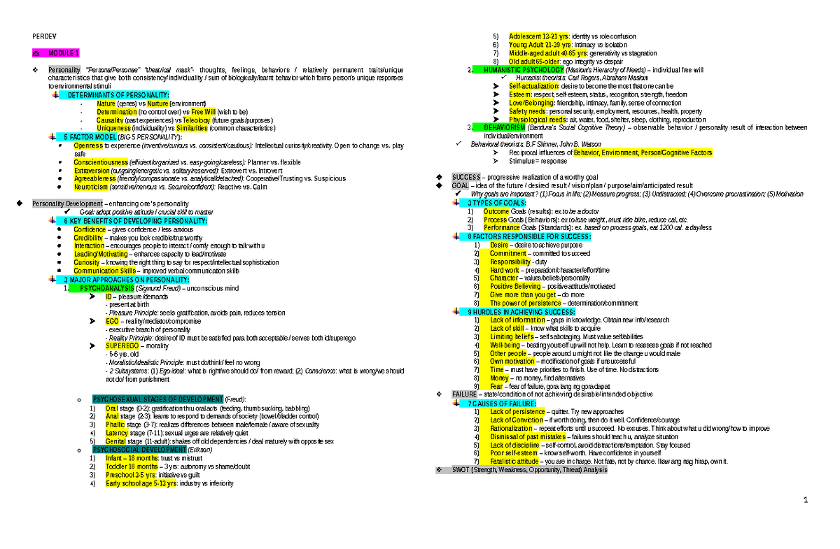 Perdev Midterm-1 - reviewer for midterm - PERDEV MODULE 1 Personality “Persona/Personae” - Studocu