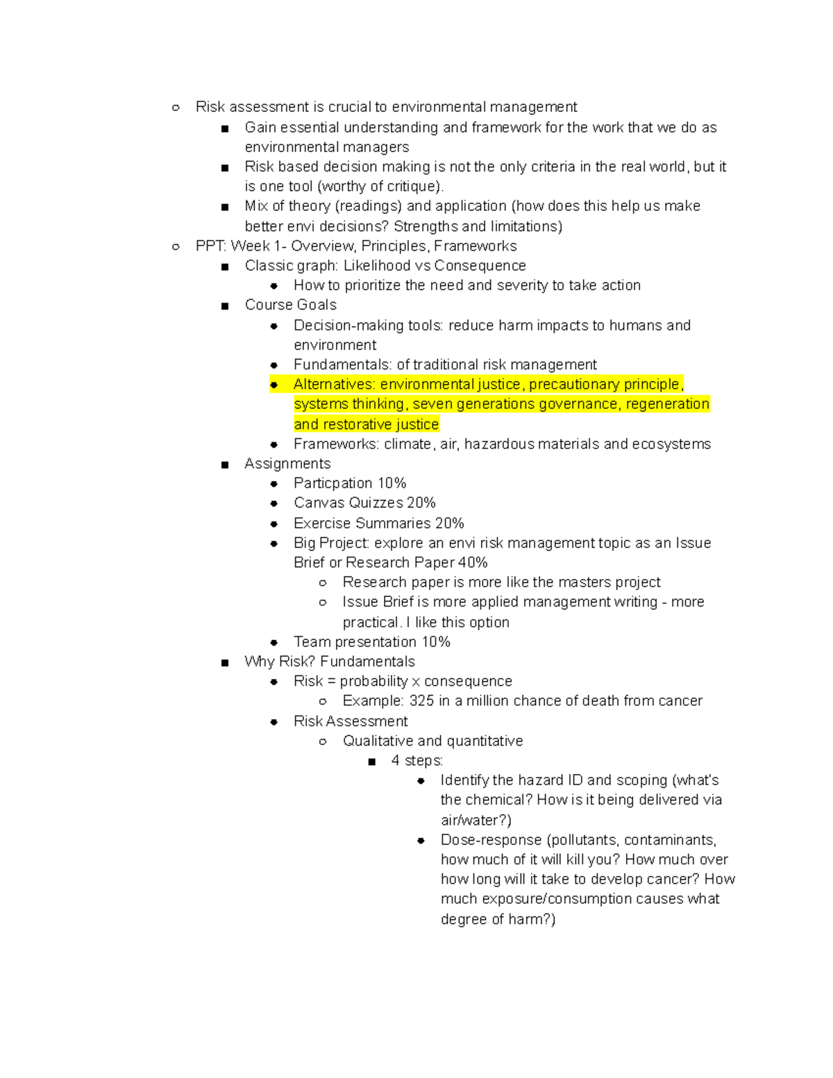 USF Class Notes Risk Management ENVM - Risk assessment is crucial to ...