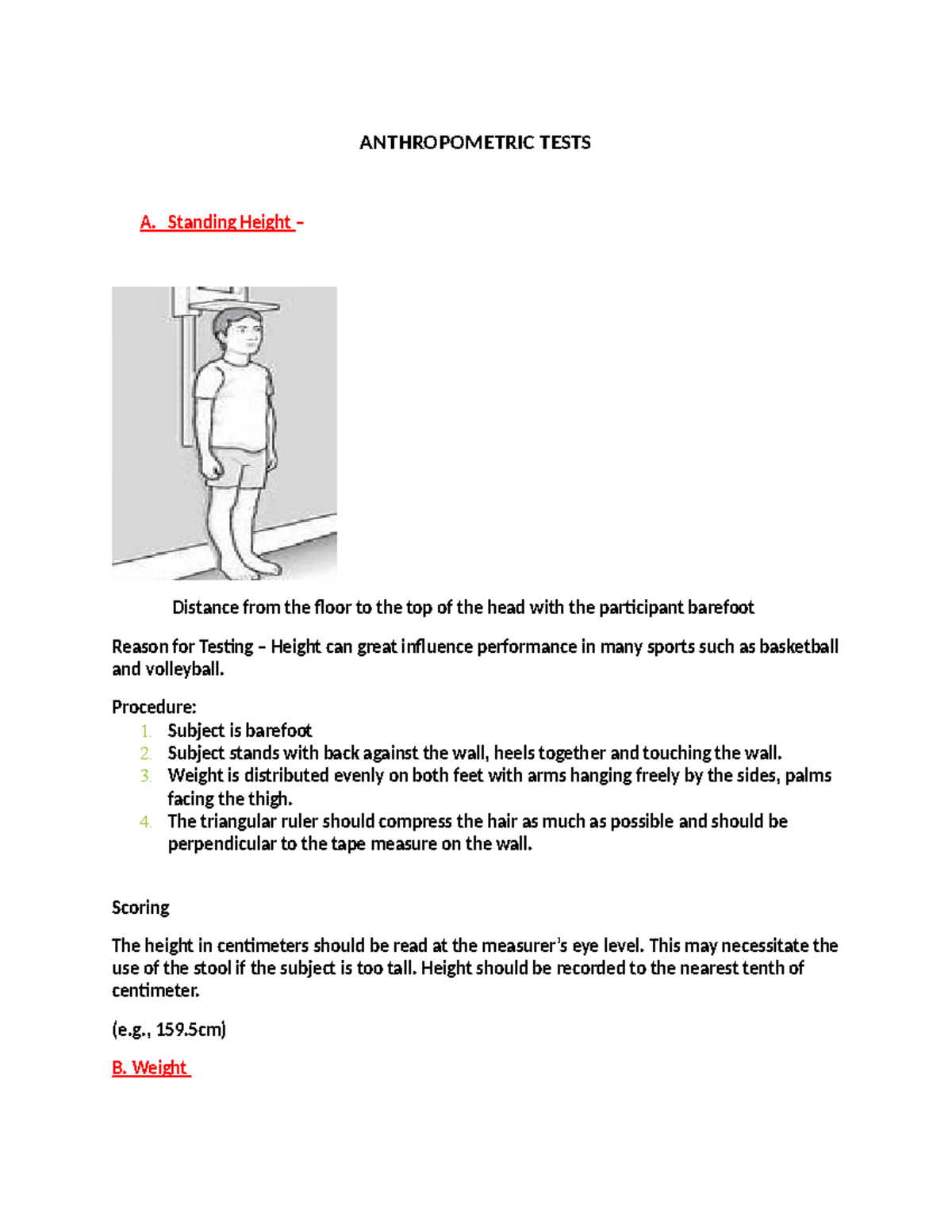 Anthropometric- Tests - ANTHROPOMETRIC TESTS A. Standing Height ...