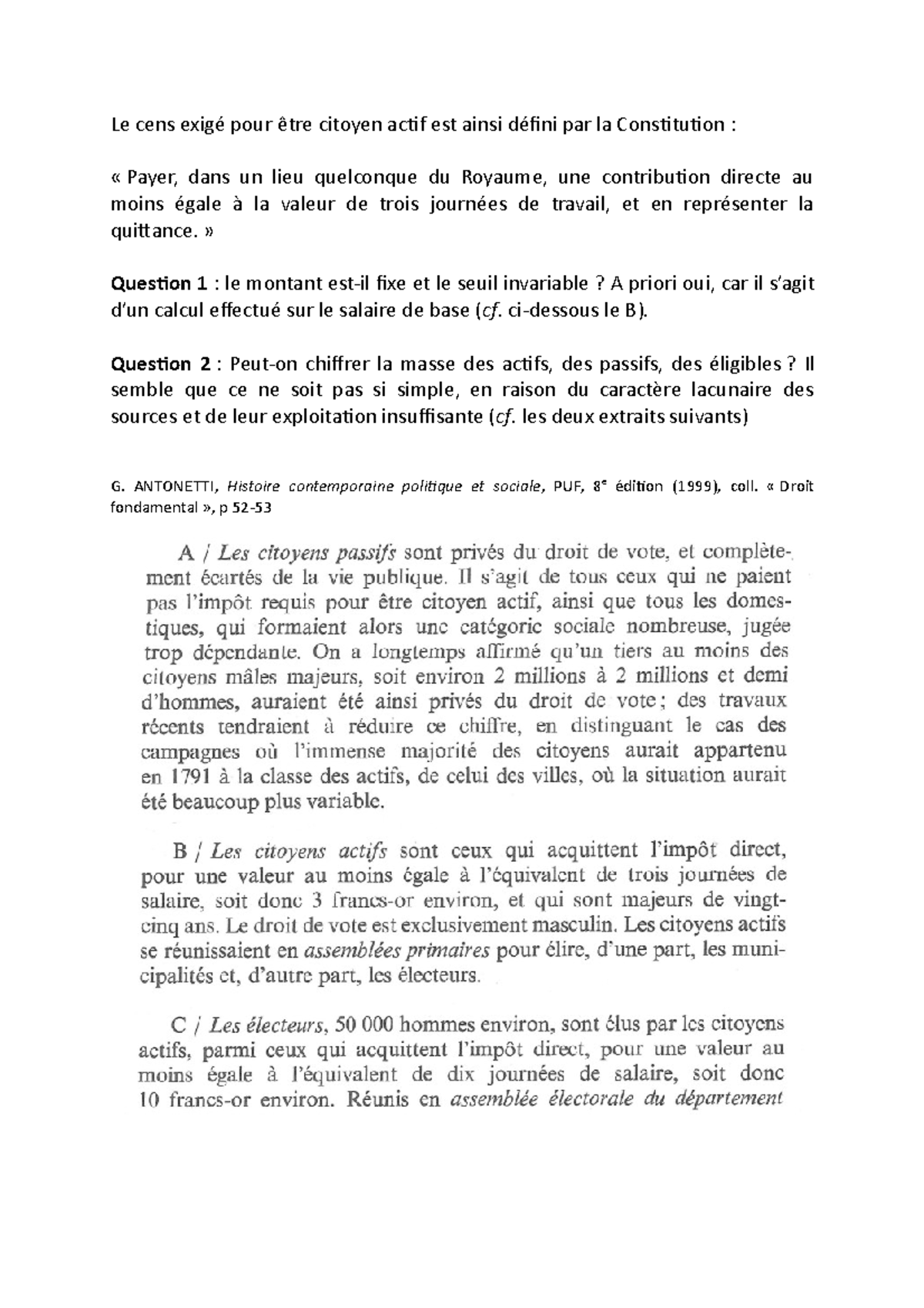 A propos du suffrage censitaire en 1791 - Le cens exigé pour être ...