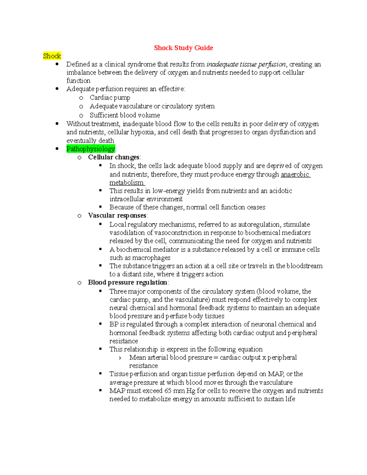 Shock Study Guide (240) - Shock Study Guide Shock: Defined as a ...