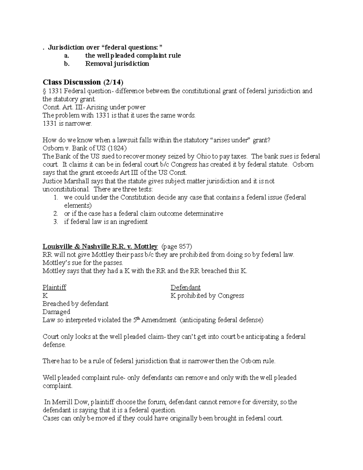 Civil Procedure Law Outline - 20 - . Jurisdiction over “federal ...