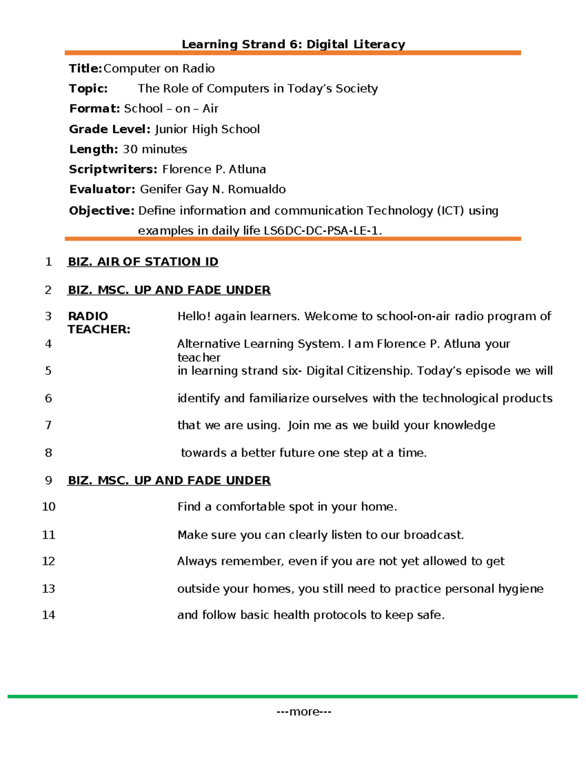 LS-6 Script 2 - use for mapping - Learning Strand 6: Digital Literacy ...