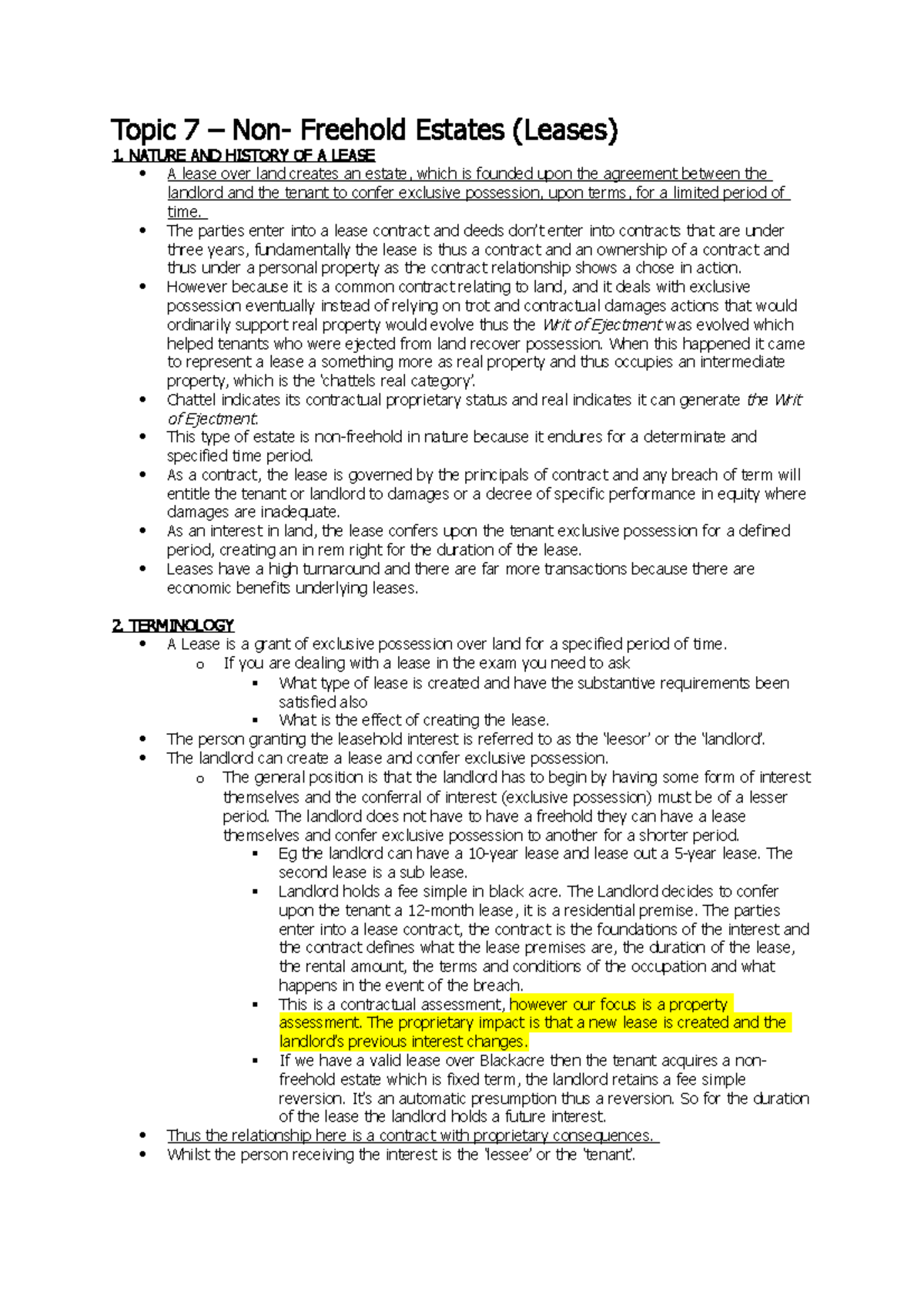 Topic 7 - Leases summary notes - Topic 7 – Non- Freehold Estates ...