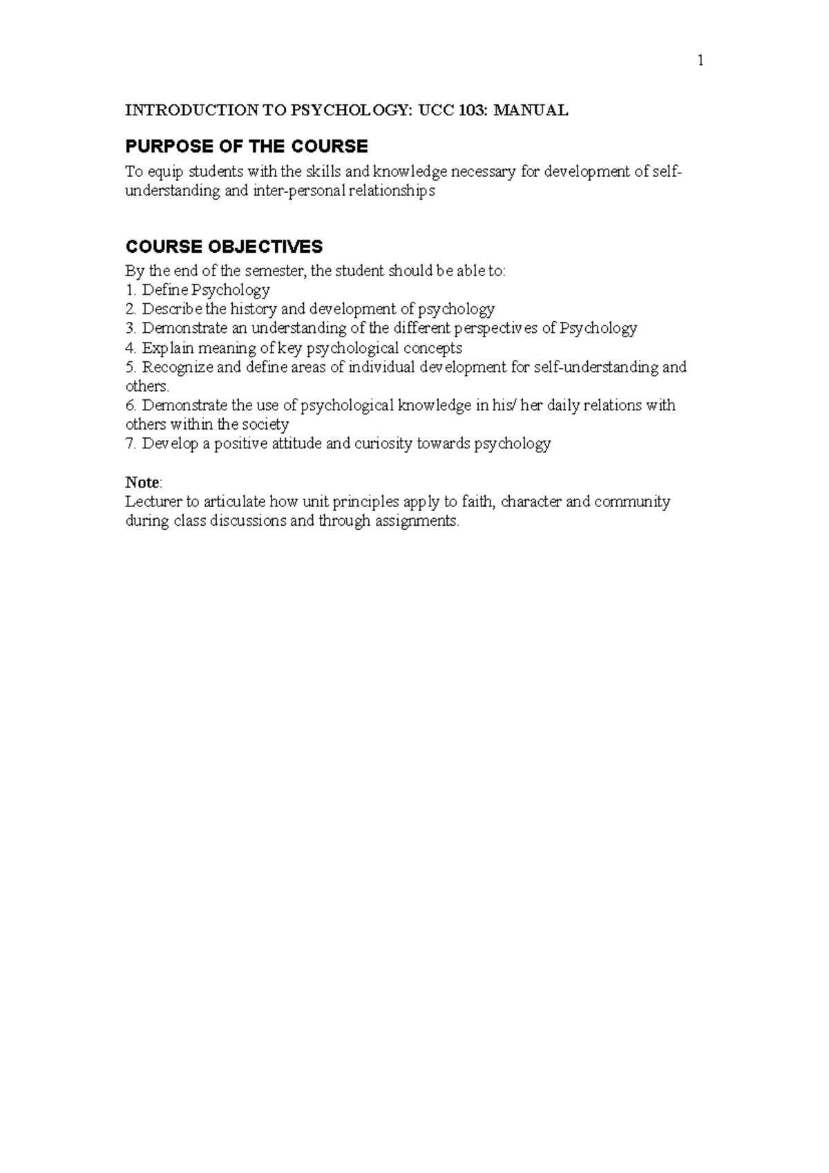 PSY 103 Introduction TO Psychology Manual - INTRODUCTION TO PSYCHOLOGY: UCC 103: MANUAL PURPOSE ...