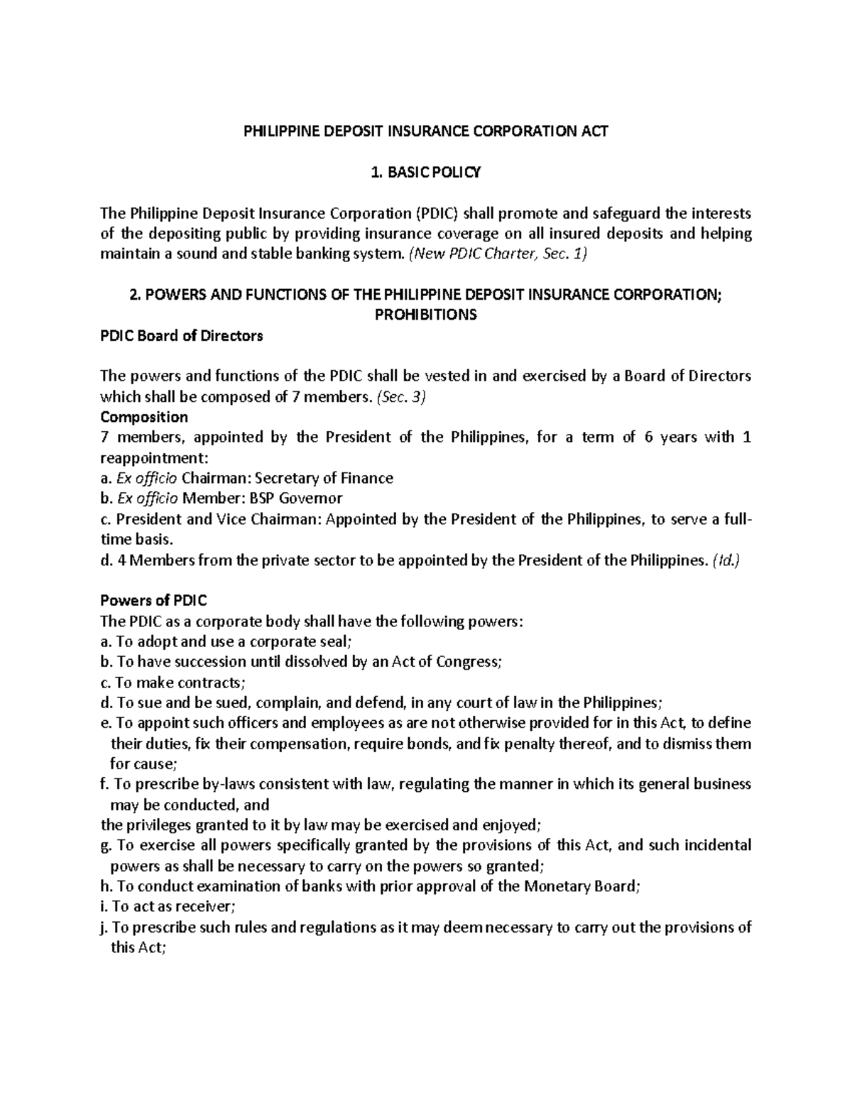 PDIC-ACT - BANKING LAWS: PDIC ACT - PHILIPPINE DEPOSIT INSURANCE ...