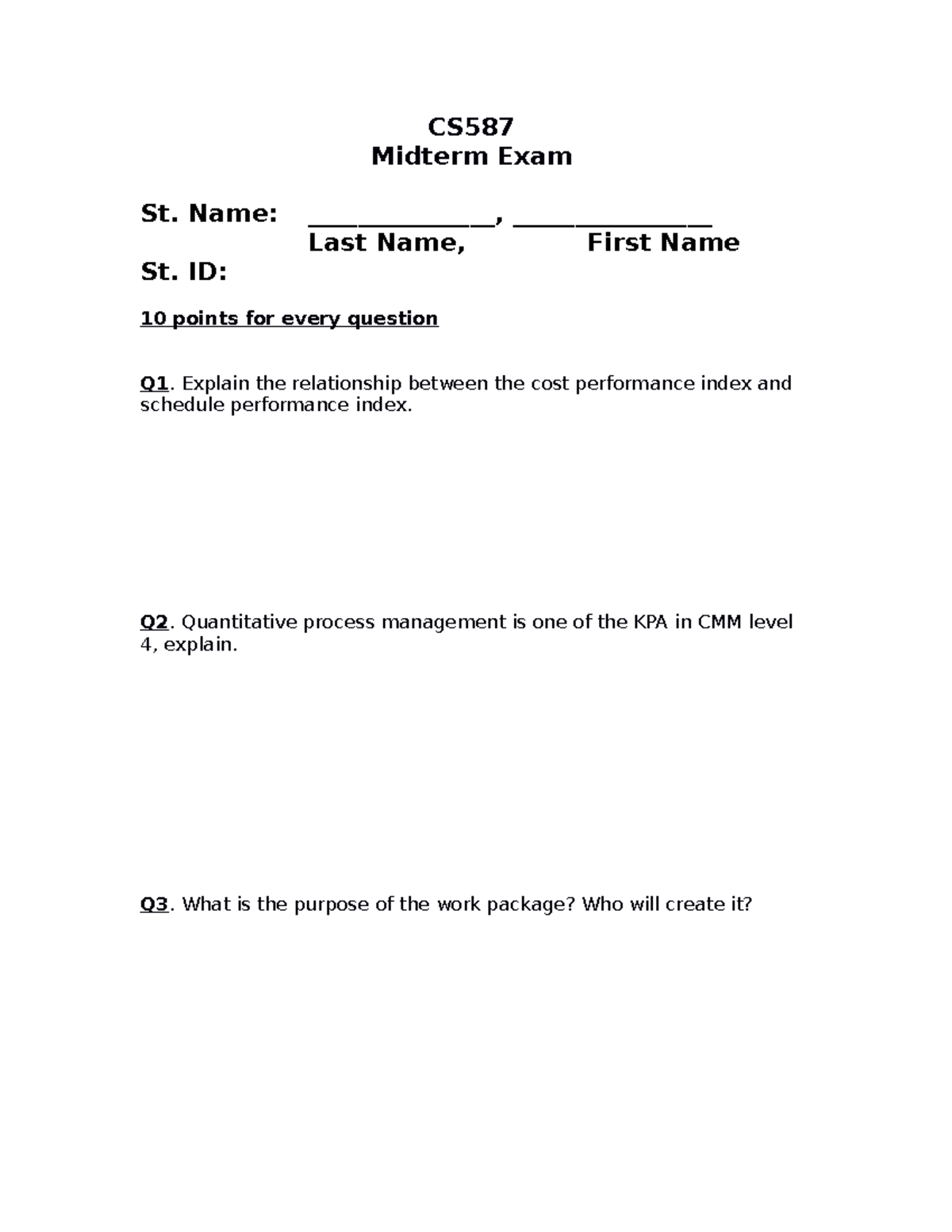 CS587 - Midterm Exam - Assignment - CS Midterm Exam St. Name ...