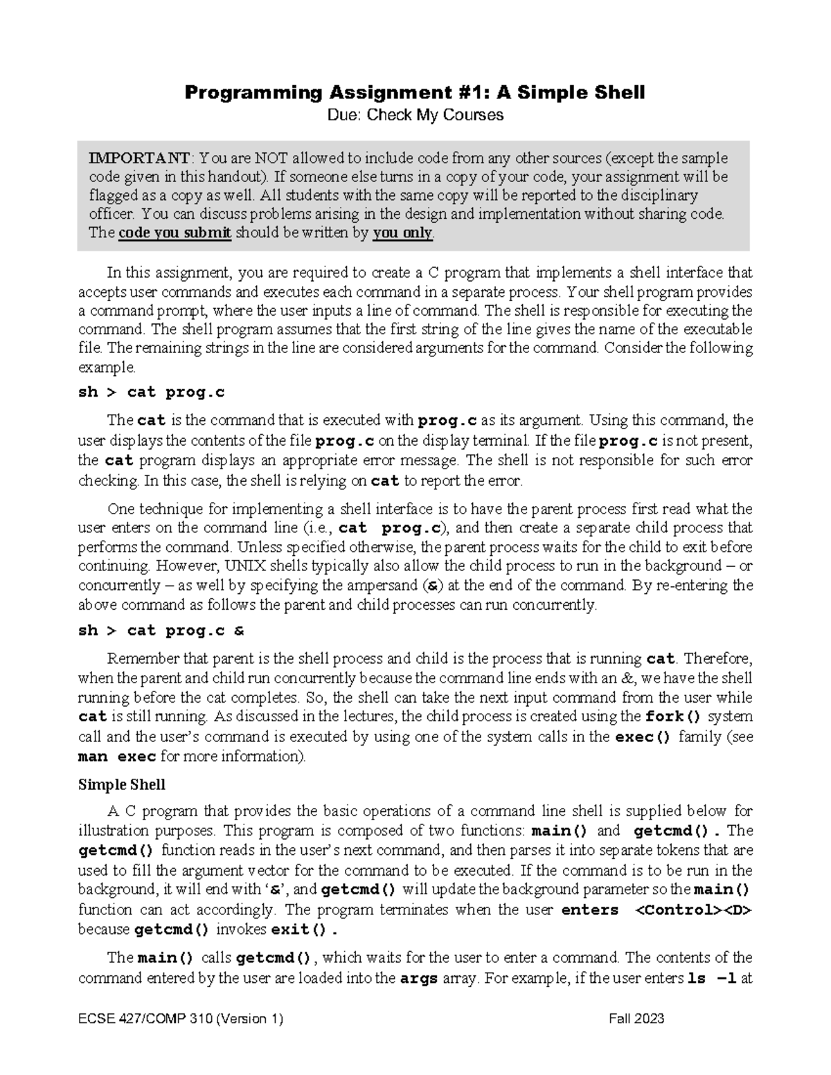 PA1-handout - assigment1 - Programming Assignment #1: A Simple Shell Due: Check My Courses In ...