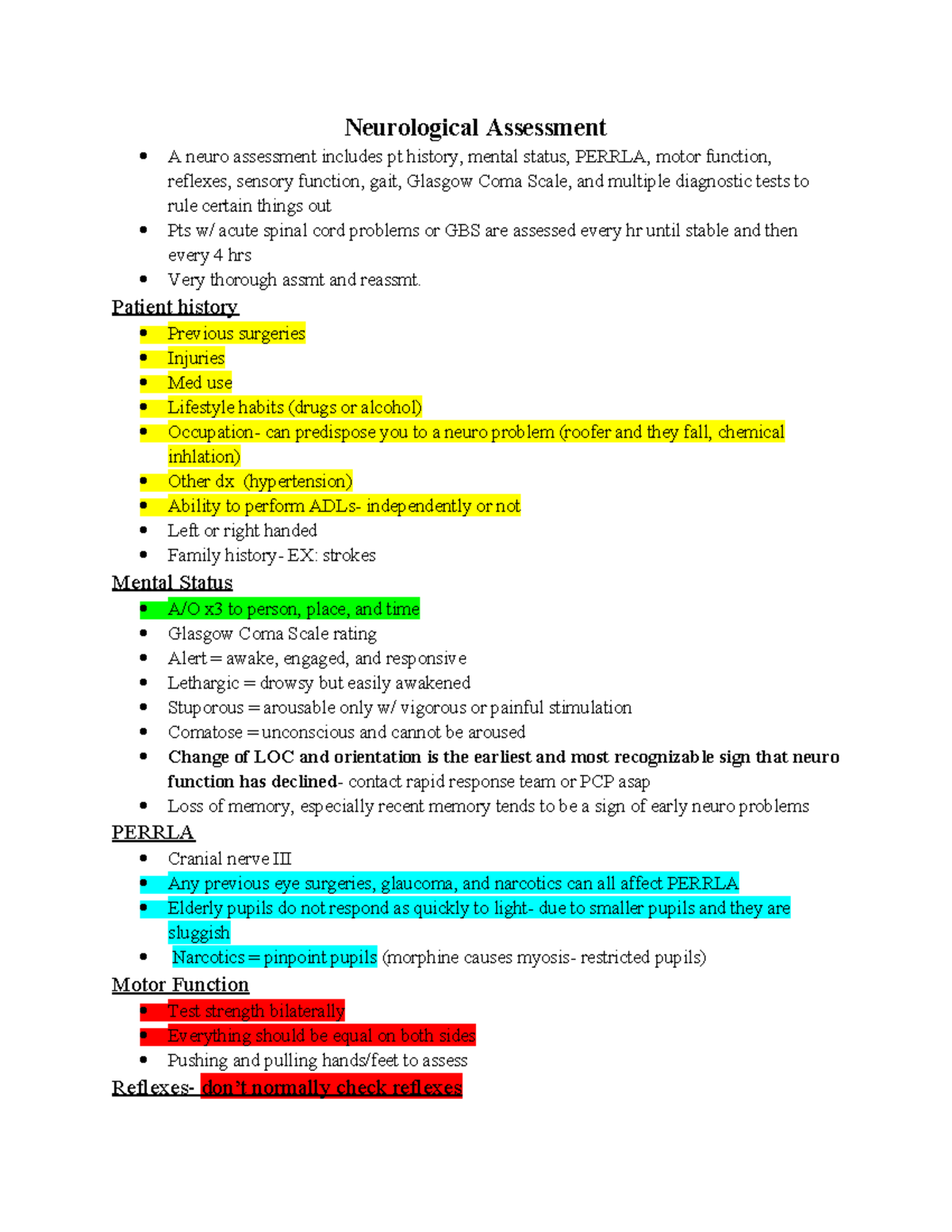 Chap 38 Neuro Assessment EXAM Review - Neurological Assessment A neuro assessment includes pt ...