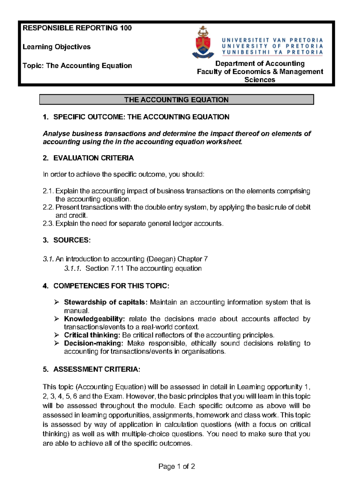 2. Learning Outcomes Accounting Equation - Page 1 of 2 THE ACCOUNTING ...