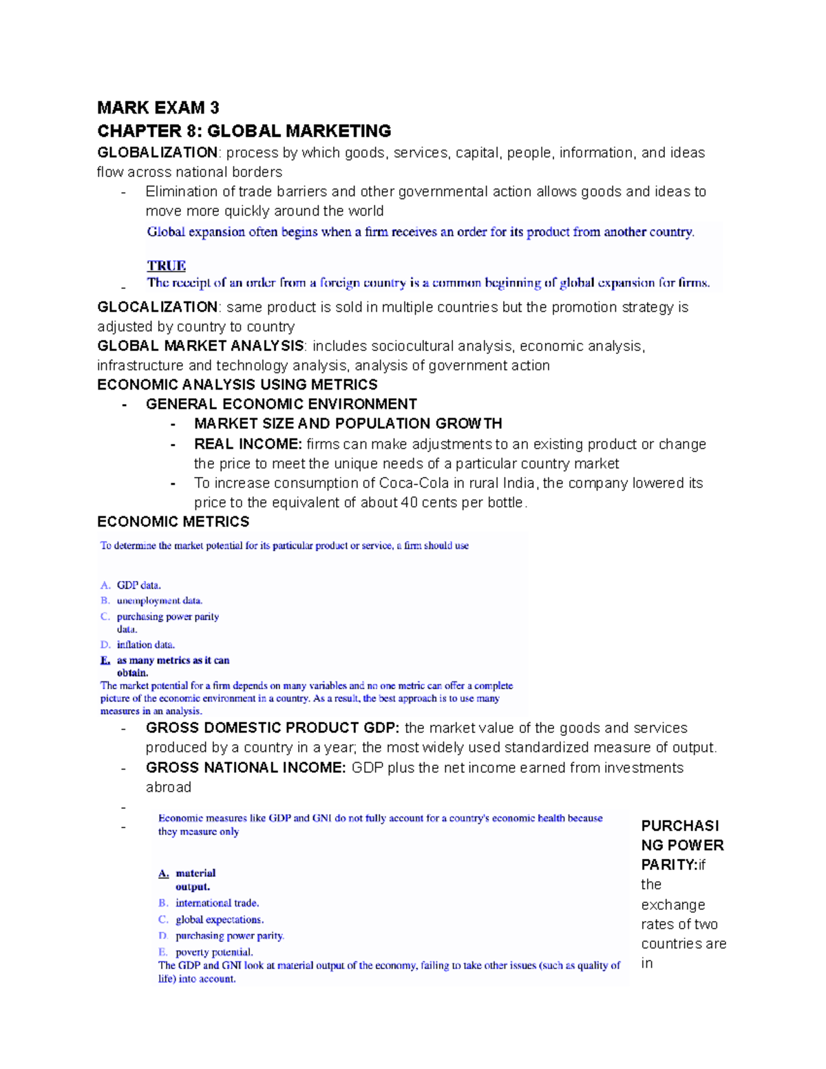 MARK EXAM 3 - lecture notes - MARK EXAM 3 CHAPTER 8: GLOBAL MARKETING ...