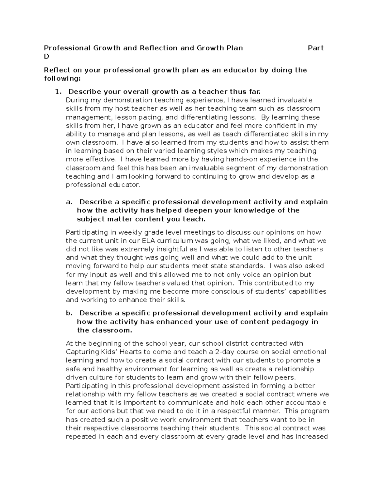 Professional Growth and Reflection and Growth Plan Part D ...