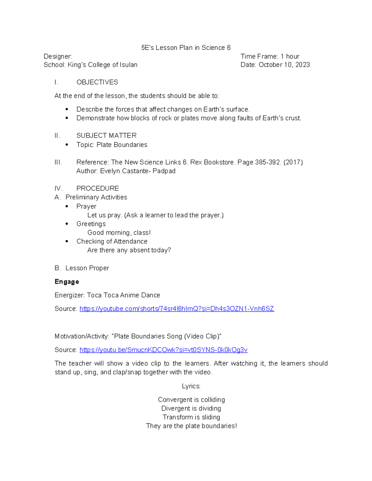 5E's Lesson Plan - 5E’s Lesson Plan in Science 6 Designer: Time Frame ...