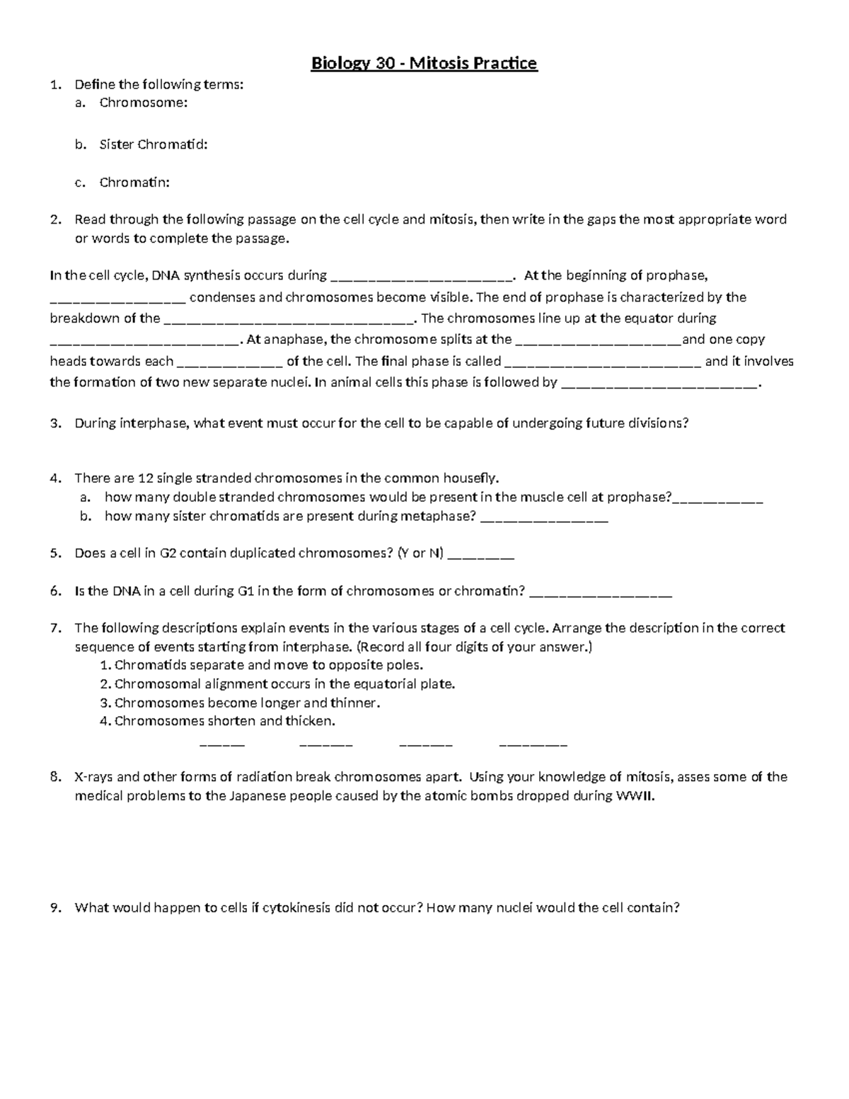 2-Mitosis Practice Questions 2021 - Biology 30 - Mitosis Practice 1 ...
