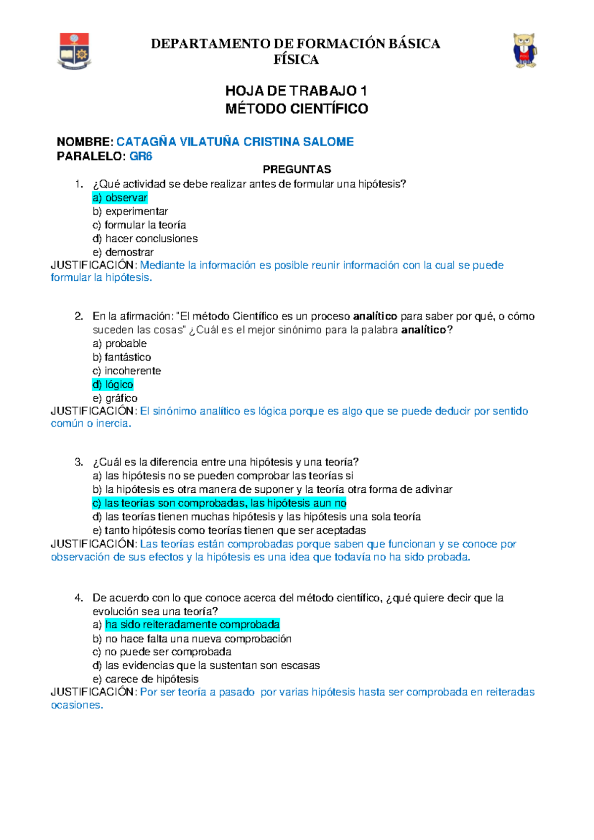 Hoja de trabajo 01 - Método científico - FÍSICA HOJA DE TRABAJO 1 ...