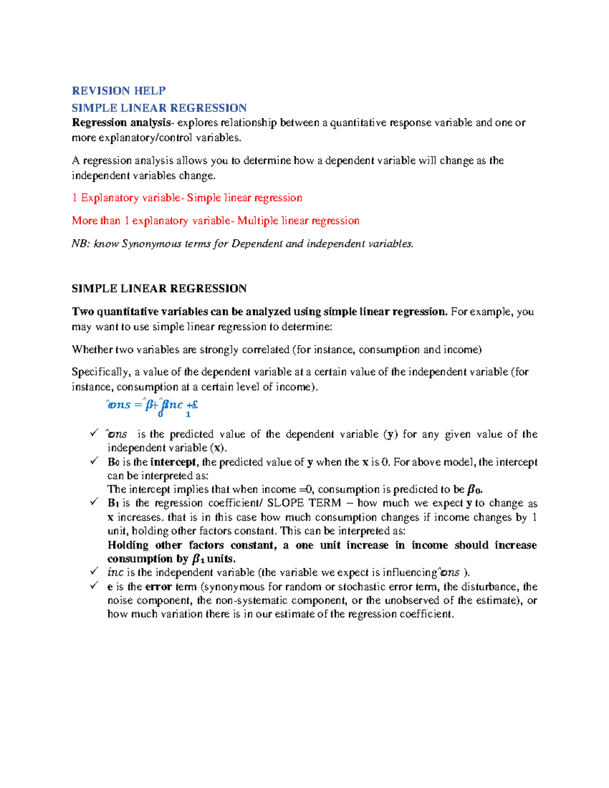 EC303 Revision HELP 2023 - REVISION HELP SIMPLE LINEAR REGRESSION ...