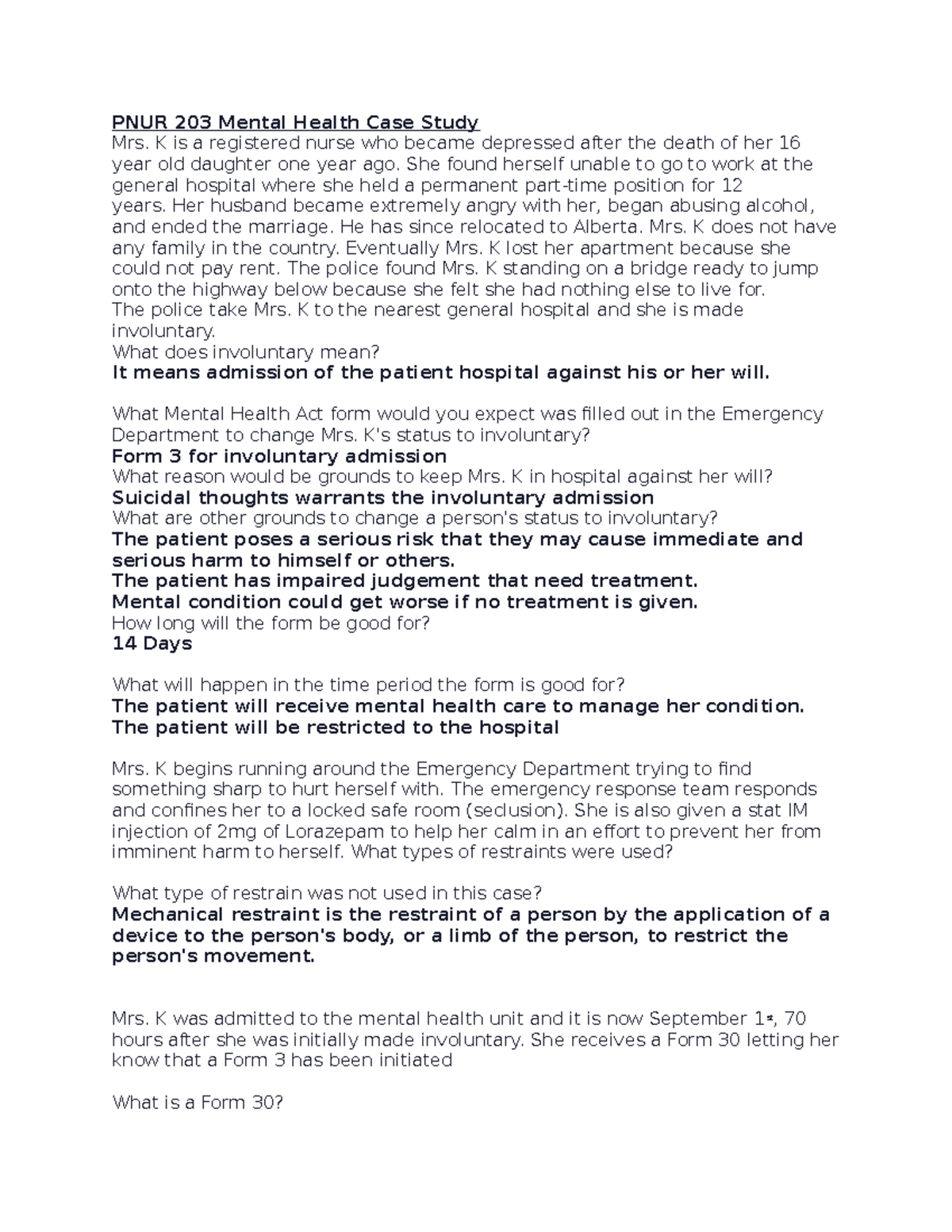 PNUR 203 Mental Health Case Study - PNUR 203 Mental Health Case Study Mrs. K is a registered ...