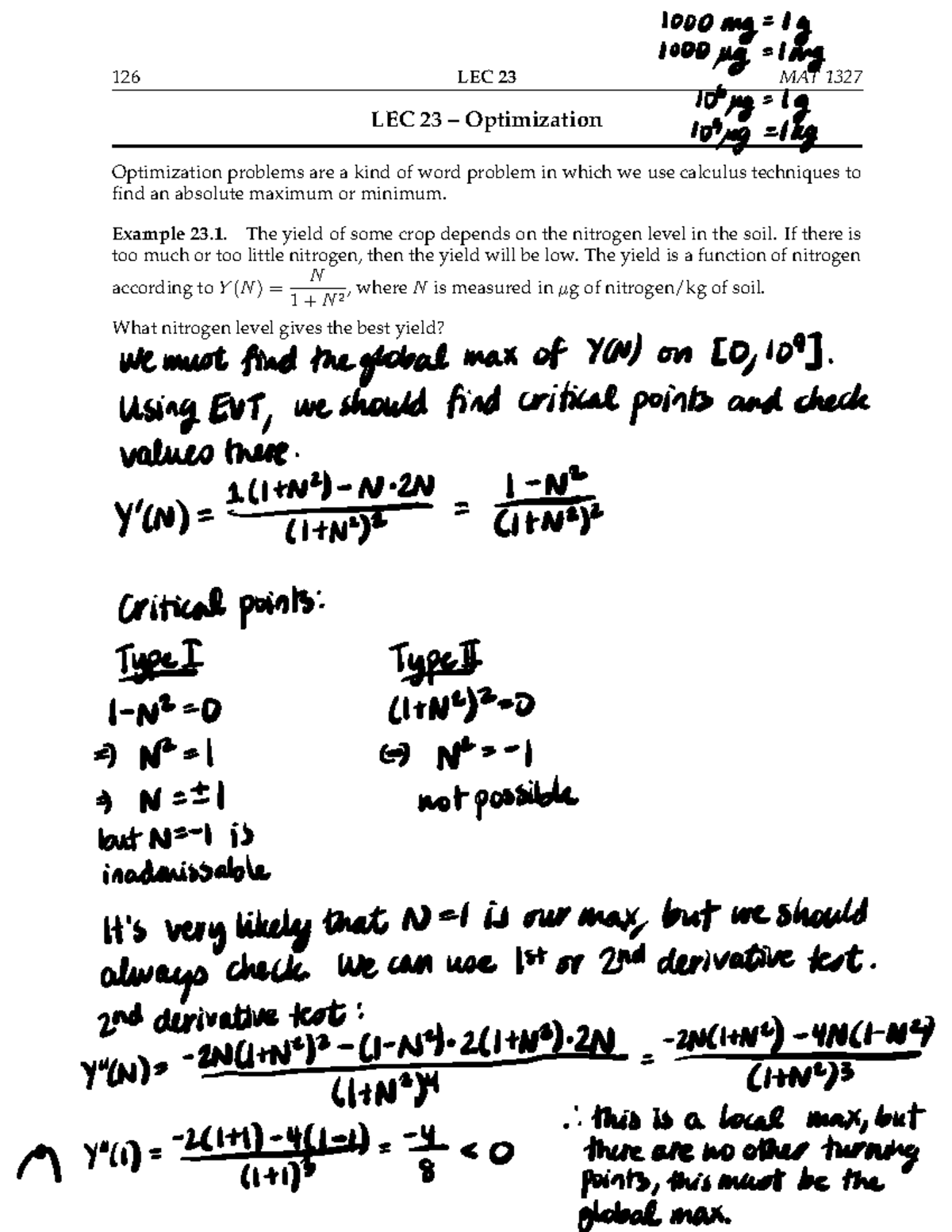 MAT 1327 Lecture 23 Filled - 126 LEC 23 MAT 1327 LEC 23 – Optimization Optimization problems are ...