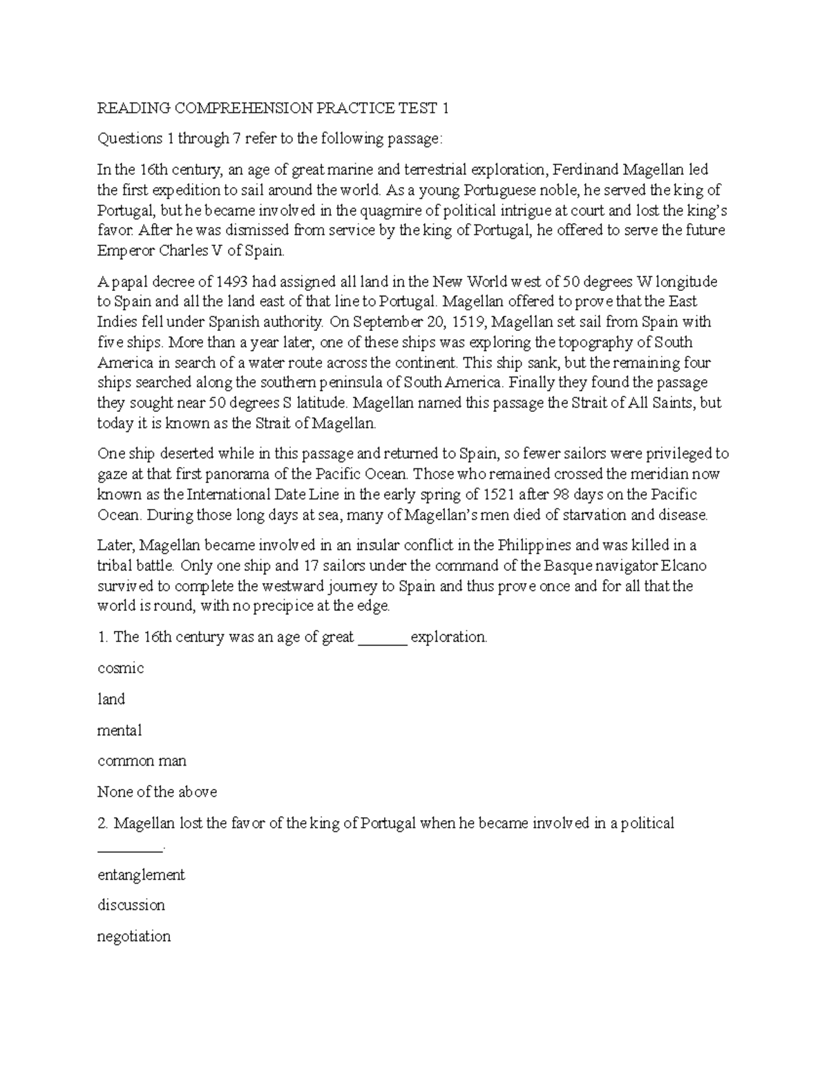 Reading Comprehension Practice TEST 1 - READING COMPREHENSION PRACTICE ...