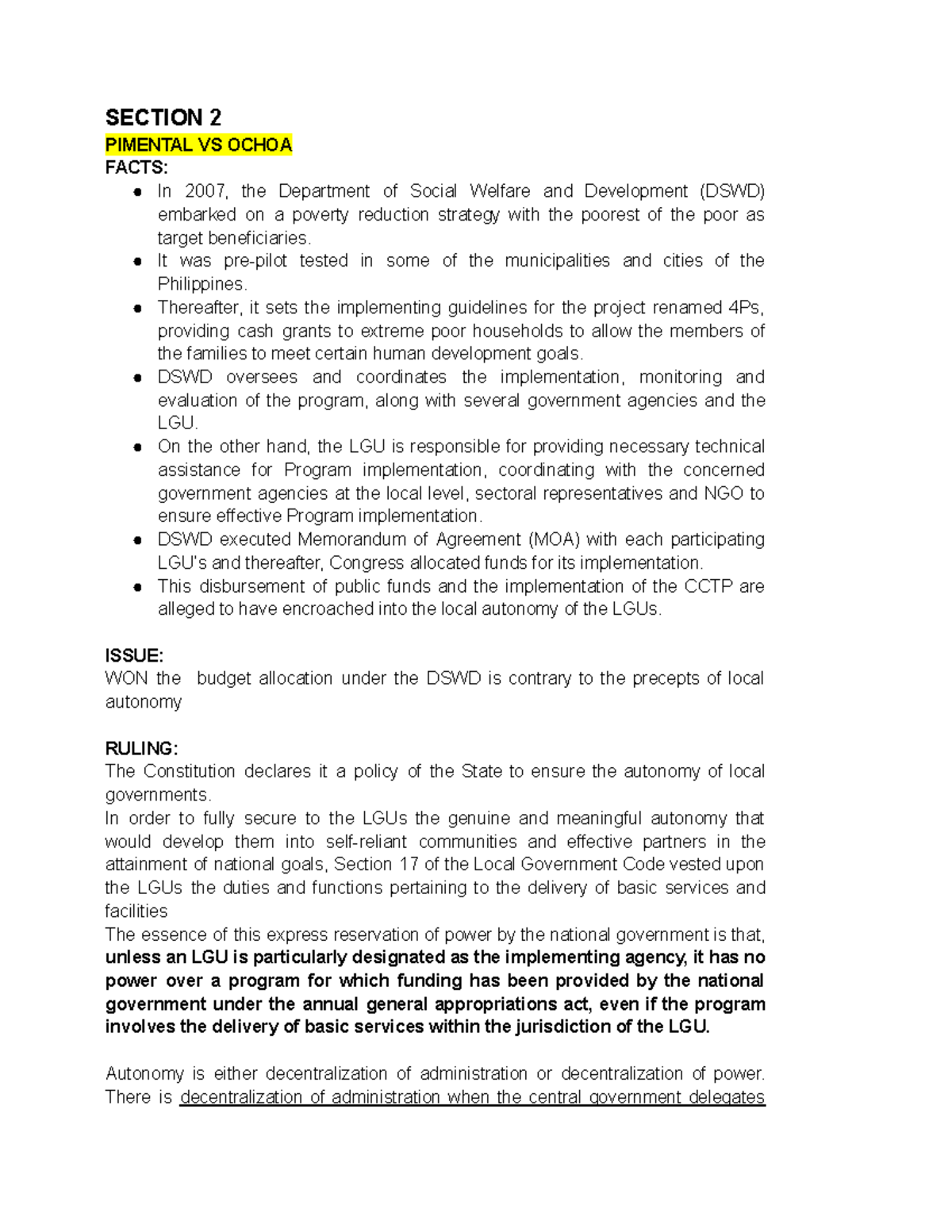 Article X Digest - SECTION 2 PIMENTAL VS OCHOA FACTS: In 2007, the ...